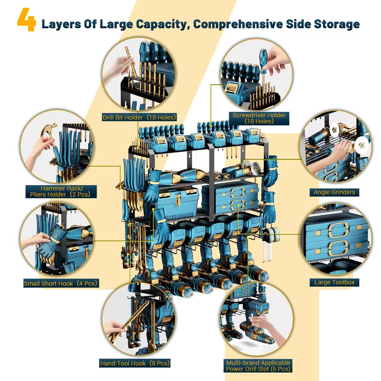 Power Tool Organizer Wall Mount with 6 Drill Holder Rack, 4 Layers ...