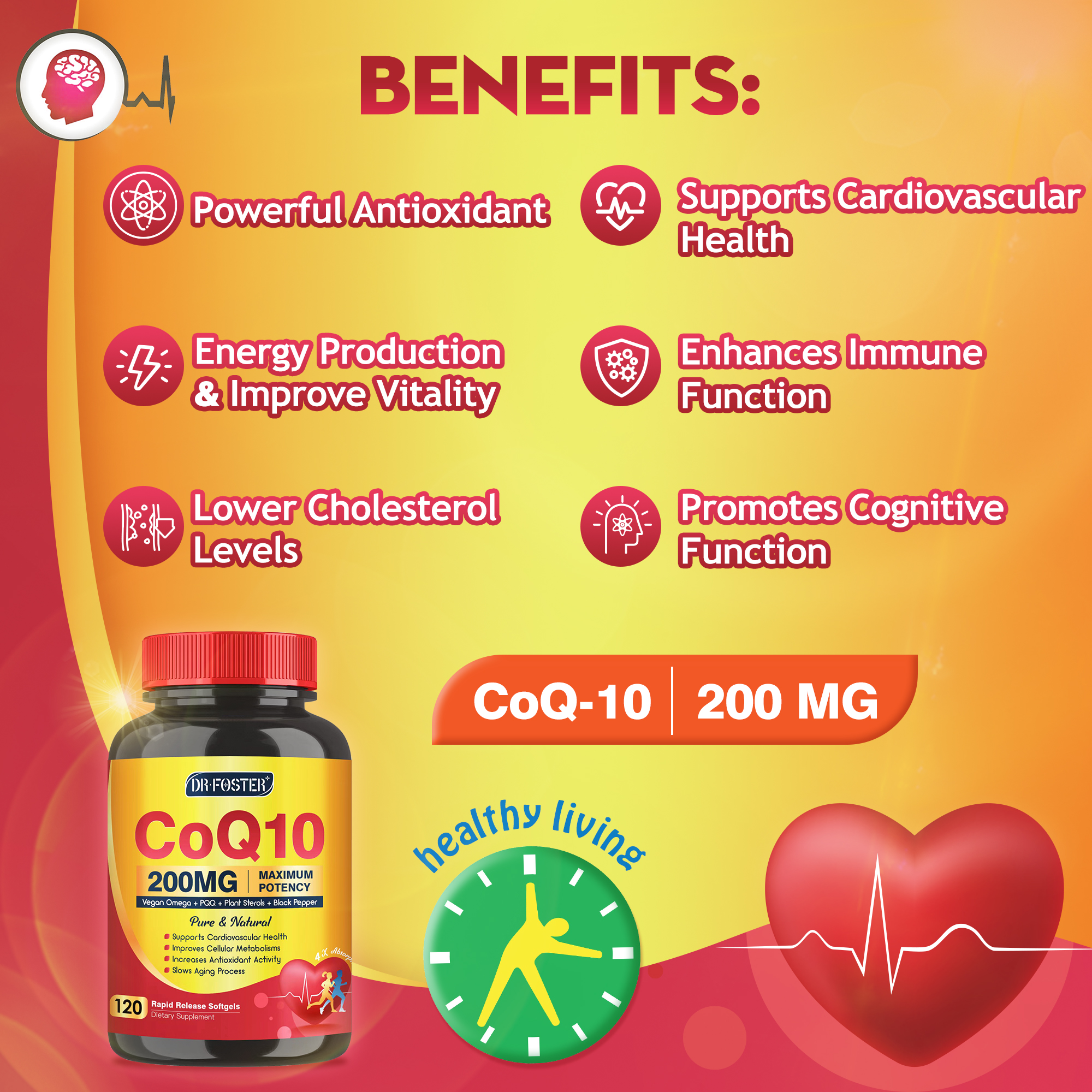 CoQ10 200mg Softgels with Vitamin E & Omega 3-6 -9 & PQQ - High Absorption Coenzyme Q10 with ...