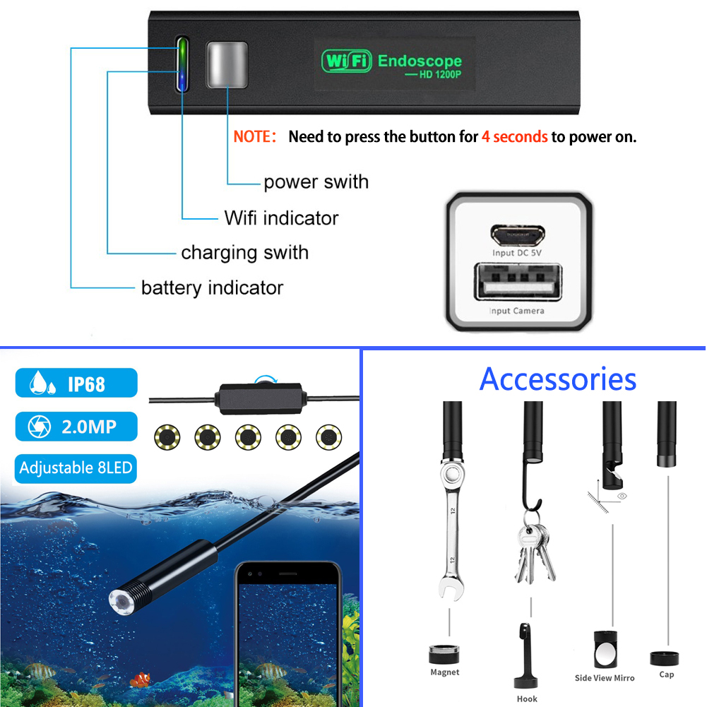 WiFi Endoscope Camera USB Endoscope Inspection Camera 1200P HD WiFi ...